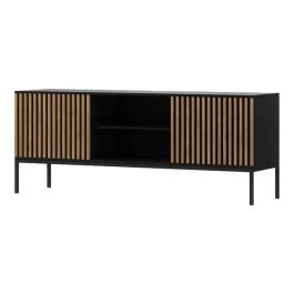 Comoda TV Tiger, 150x40x60 cm, 2 usi, 2 rafturi, picioare metal, culoare stejar/negru, MDF ...